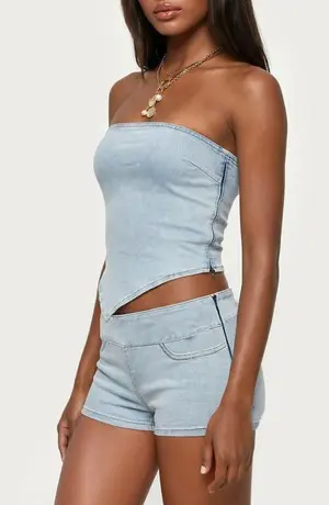 EDIKTED Zaida Strapless Handkerchief Hem Denim Top