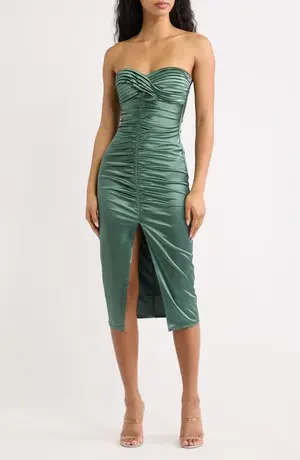 EMERALD SUNDAE Strapless Ruched Midi Dress