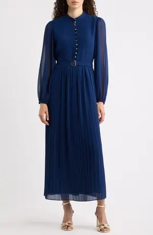 Elie Tahari Adira Long Sleeve Maxi Dress With Belted Waist - Twilight Sky