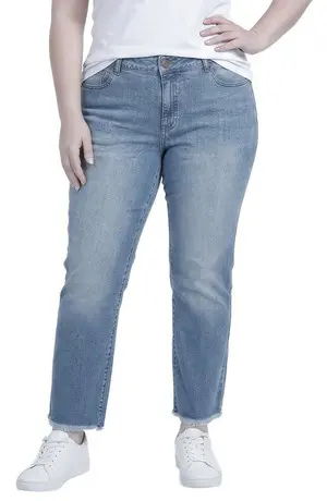 STANDARDS & PRACTICES Distressed Straight Leg Boyfriend Jeans - Blue Frayed