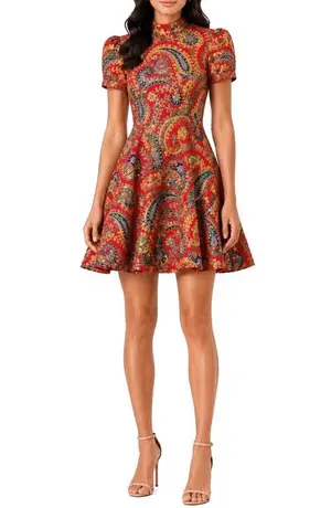HOLICHIC Nour Print Puff Sleeve Silk Minidress - Red