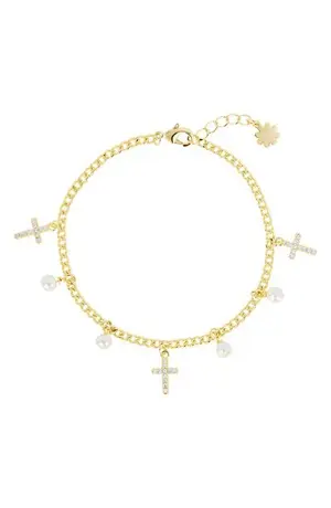 ATHRA LUXE Imitation Pearl And Pavé Cubic Zirconia Cross Charm Bracelet - Gold