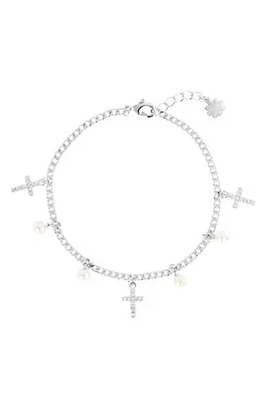ATHRA LUXE Imitation Pearl & Pavé Cubic Zirconia Cross Charm Bracelet - Silver