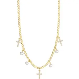 ATHRA LUXE Imitation Pearl And Pavé Cubic Zirconia Cross Necklace - Gold