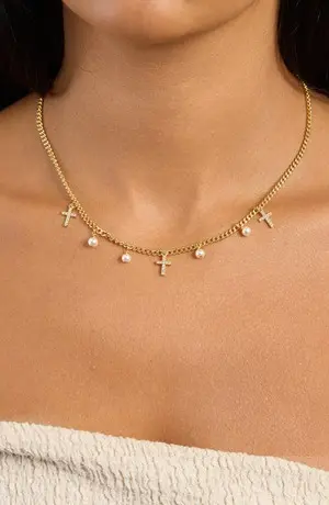 ATHRA LUXE Imitation Pearl And Pavé Cubic Zirconia Cross Necklace - Gold