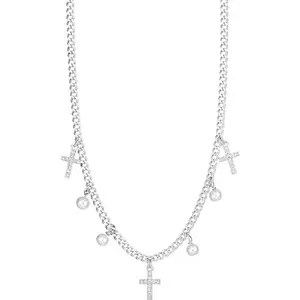 ATHRA LUXE Imitation Pearl Pavé Cross Necklace Silver