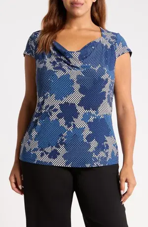 KASPER Floral Cowl Neck Cap Sleeve Top - Vanilla Ice Multi