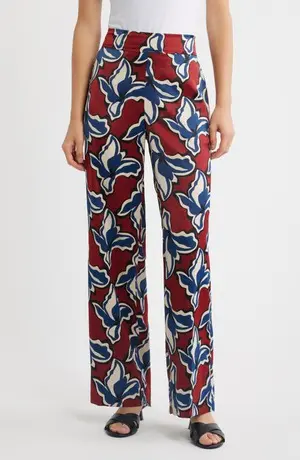 Anne Klein Floral High Waist Wide Leg Pants - Rust Multi