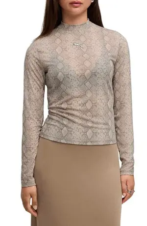 PUMA Snake Print Mesh Long Sleeve Mock Neck Top
