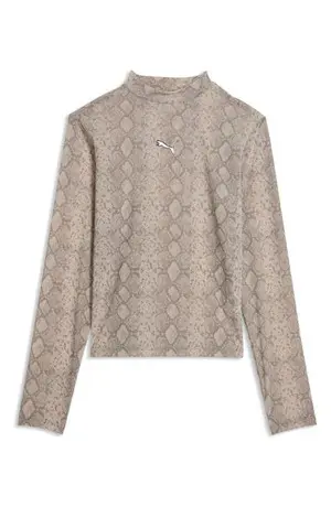 PUMA Snake Print Mesh Long Sleeve Mock Neck Top