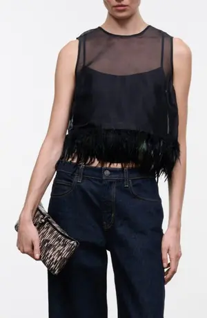 Staud STAUD Sleeveless Feather Trim Silk Top Black