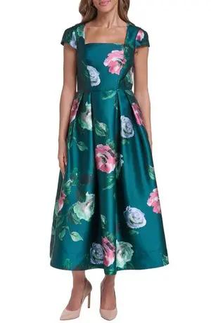 Eliza J Square Neck Floral Satin Midi Dress
