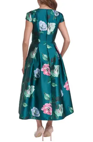 Eliza J Square Neck Floral Satin Midi Dress