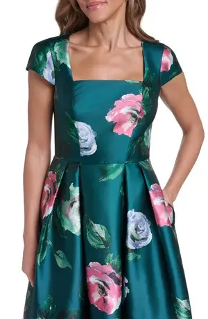 Eliza J Square Neck Floral Satin Midi Dress