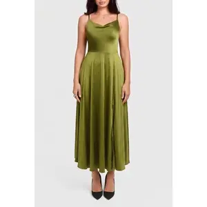 POPILUSH Built-in Shapewear Glitter Spaghetti Strap Slit Maxi Dress - Olive