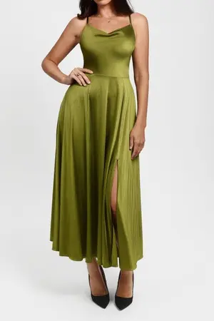 POPILUSH Built-in Shapewear Glitter Spaghetti Strap Slit Maxi Dress - Olive