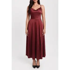 POPILUSH Built-in Shapewear Glitter Spaghetti Strap Slit Maxi Dress - Ruby