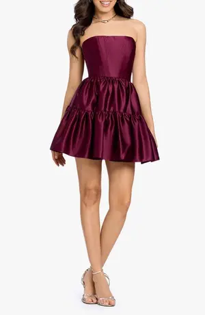 BLONDIE NITES Satin Strapless Corset Tiered Cocktail Minidress - Wine