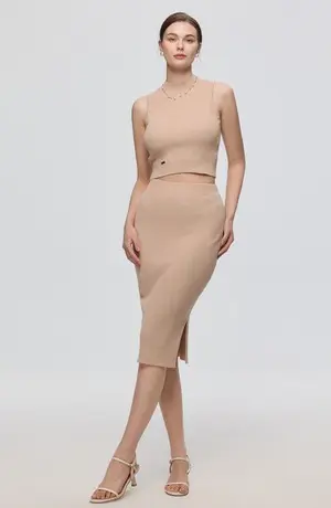 JUANA Sera Rib Knit Midi Skirt With Slit - Tan