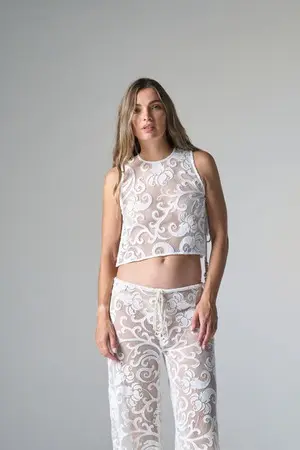 JBQ Sleeveless Paisley Knit Cropped Top With Beaded Ties - White