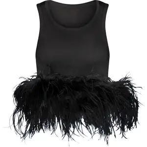 UCHÈ Uche Feather Trim Cropped Tank Top - Black
