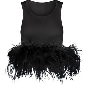UCHÈ Uche Feather Trim Cropped Tank Top - Black