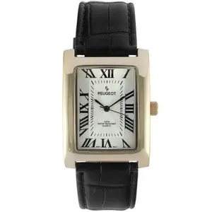 PEUGEOT Vintage Roman Numeral Tank Leather Watch - Black