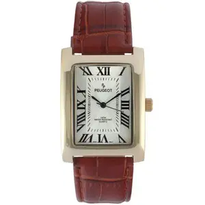 PEUGEOT Vintage Roman Numeral Tank Leather Watch - Brown