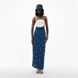 UCHÈ Uche Cowrie Shell Embellished Denim Maxi Skirt