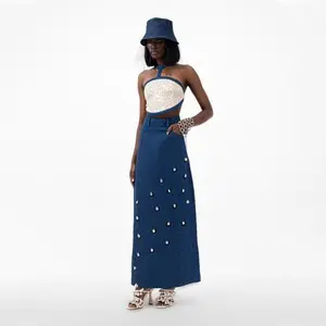 UCHÈ Uche Cowrie Shell Embellished Denim Maxi Skirt