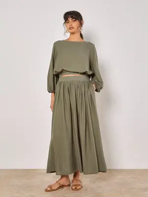 APRICOT Linen Pleated Full Midi Skirt - Khaki