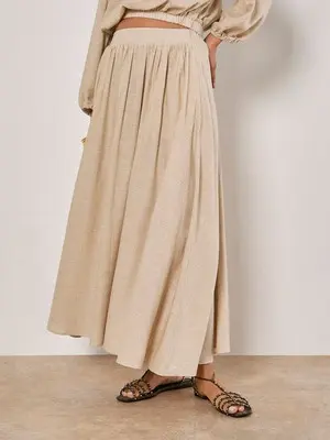 APRICOT Linen Pleated Full Midi Skirt Stone