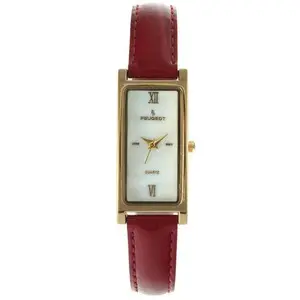 PEUGEOT Rectangular Mother Of Pearl Dial Watch With Glossy Leather Strap - Red