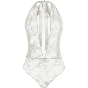MERS SILK Noir Lace Bodysuit With Ribbon Tie - White