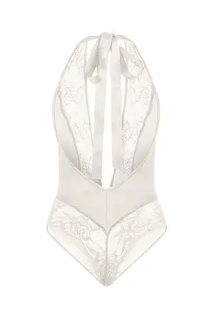 MERS SILK Noir Lace Bodysuit With Ribbon Tie - White