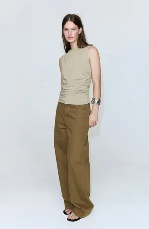 Mango Ruched Stretch Cotton Sleeveless Top - Khaki