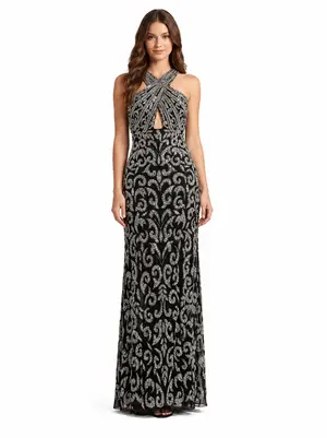 LARA NEW YORK Beaded Cross Halter Dress