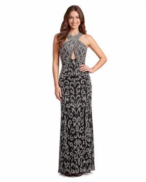 LARA NEW YORK Beaded Cross Halter Dress