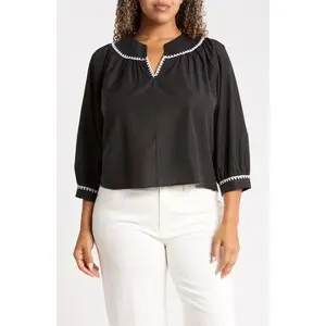RAIN AND ROSE Embroidered Split Neck Balloon Sleeve Blouse