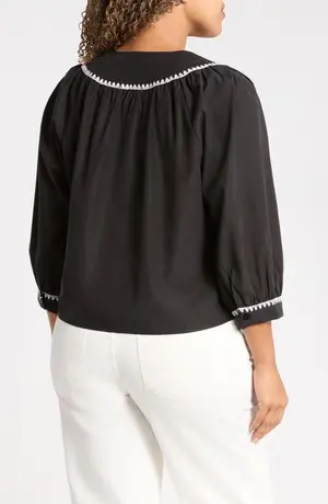 RAIN AND ROSE Embroidered Split Neck Balloon Sleeve Blouse