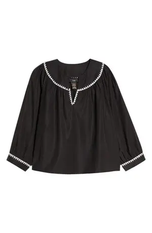 RAIN AND ROSE Embroidered Split Neck Balloon Sleeve Blouse