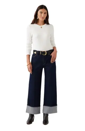 Karen Kane Cropped Wide Leg Jeans With Cuffed Hem