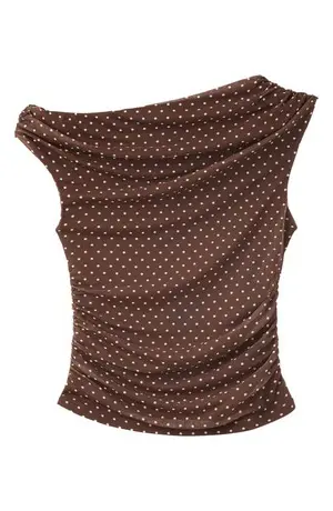 Mango Asymmetrical Polka Dot Off The Shoulder Mesh Top - Brown