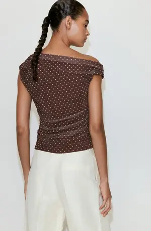 Mango Asymmetrical Polka Dot Off The Shoulder Mesh Top