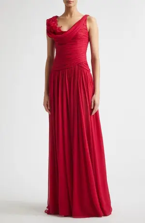 Carolina Herrera Floral Appliqué Draped Silk Chiffon Gown - Cranberry