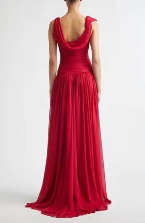 Carolina Herrera Floral Appliqué Draped Silk Chiffon Gown