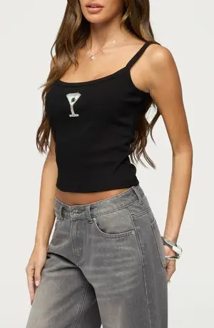 EDIKTED Martini Babe Bead Embellished Ribbed Tank Top