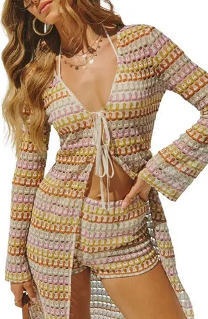 VICI Capri Calling Crochet Tie Front Longline Cardigan