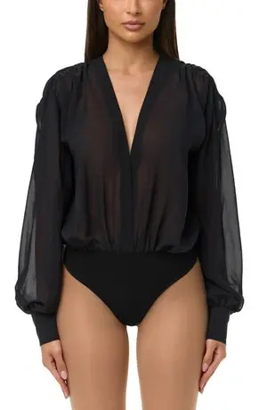 Naked Wardrobe Chiffon V-neck Blousy Bodysuit - Black