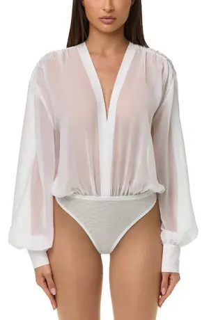 Naked Wardrobe Chiffon V-neck Blousy Bodysuit - White